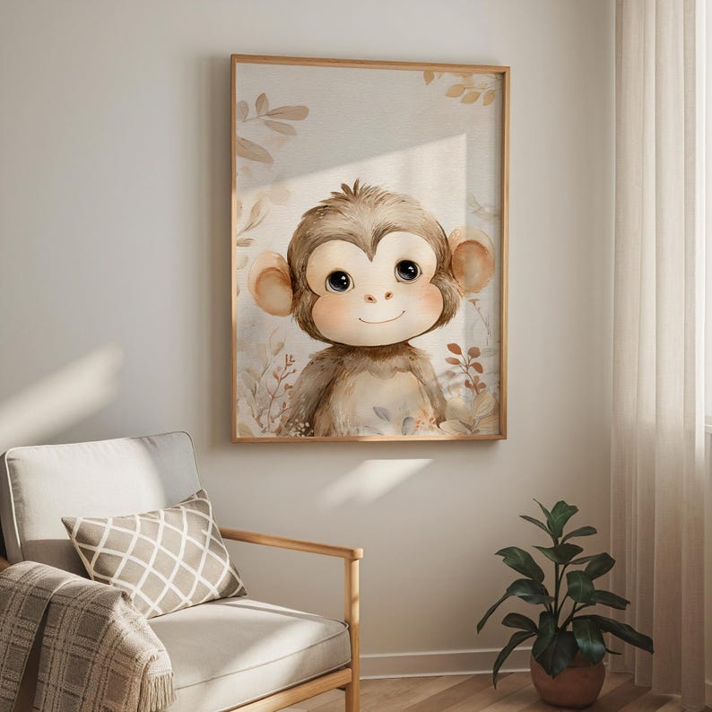 Baby Monkey Nursery Print | Watercolor Jungle Animal Wall Art - Etsy
