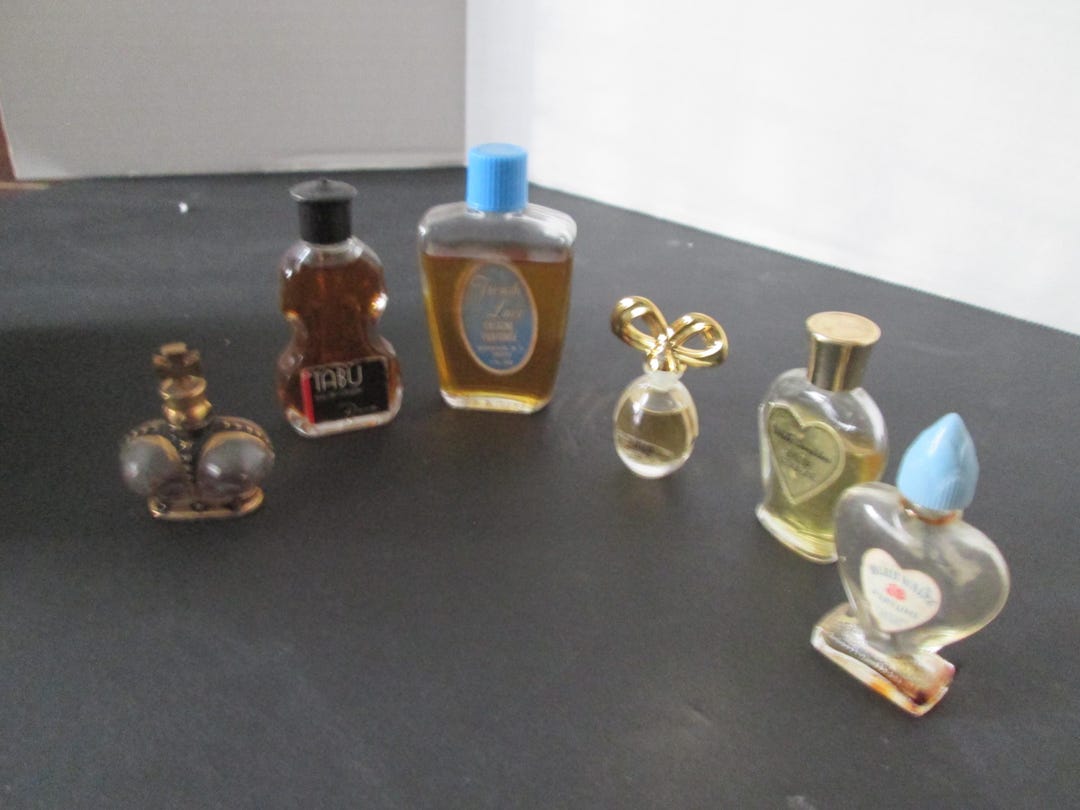 6 Small Perfume Bottles. Tabu, Blue Waltz, French Lace, White Shoulders ...