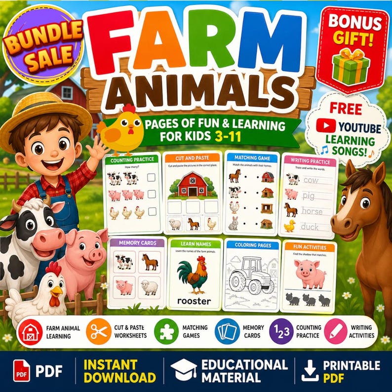 Farm Animals Printable Worksheets | Flashcards, Cut and Paste, Matching ...