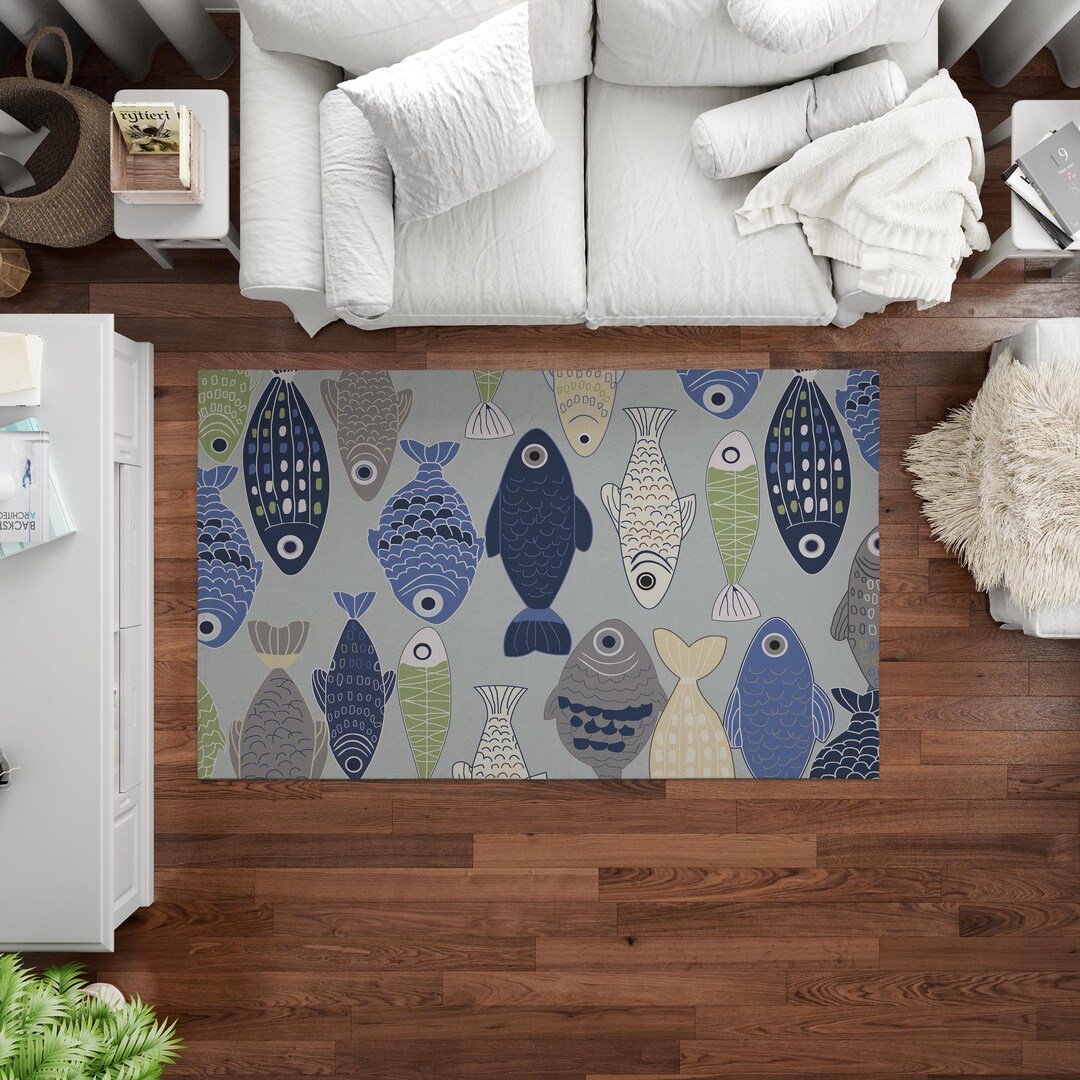 Coastal Blue Fish Area Rug, Hand Drawn Sea Life, Scandinavian Nautical ...