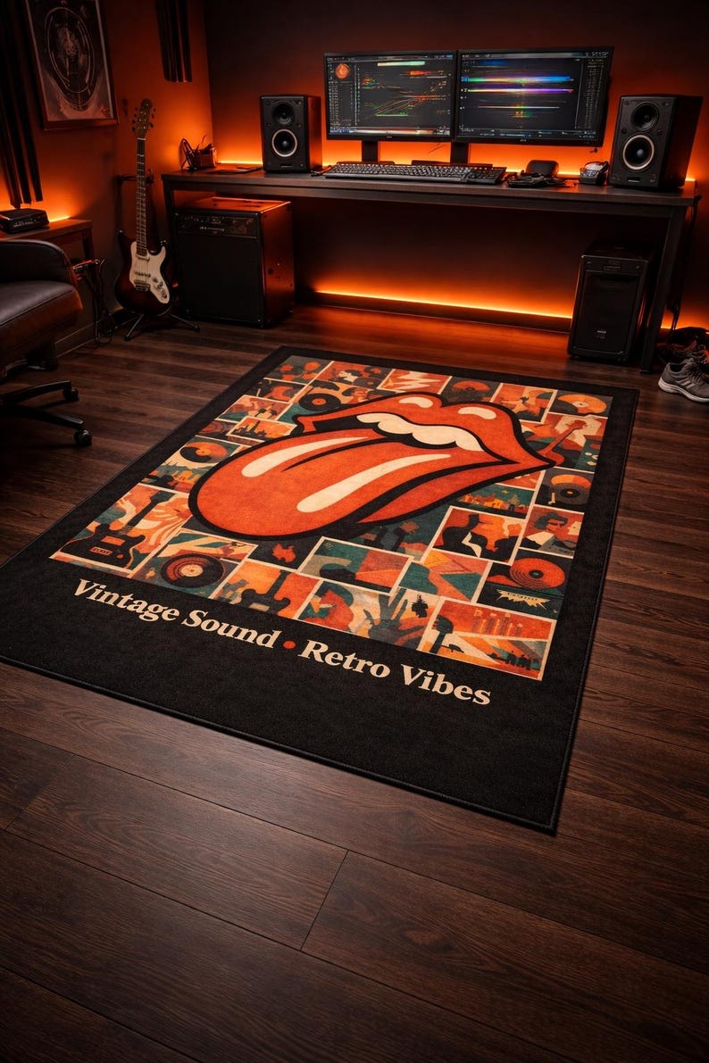 Vintage Rock N Roll Tongue Area Rug, Retro Music Poster Style Floor Mat ...
