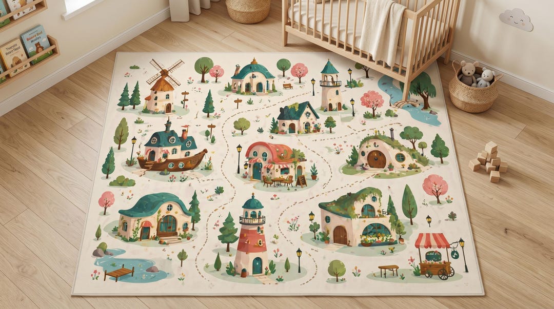 Storybook Village Kids Rug, Pastel Town Play Mat, Fairytale Nursery ...