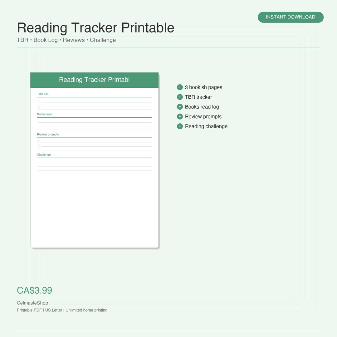 Reading Tracker Printable | Book Log, Reading Challenge, Reviews, TBR ...
