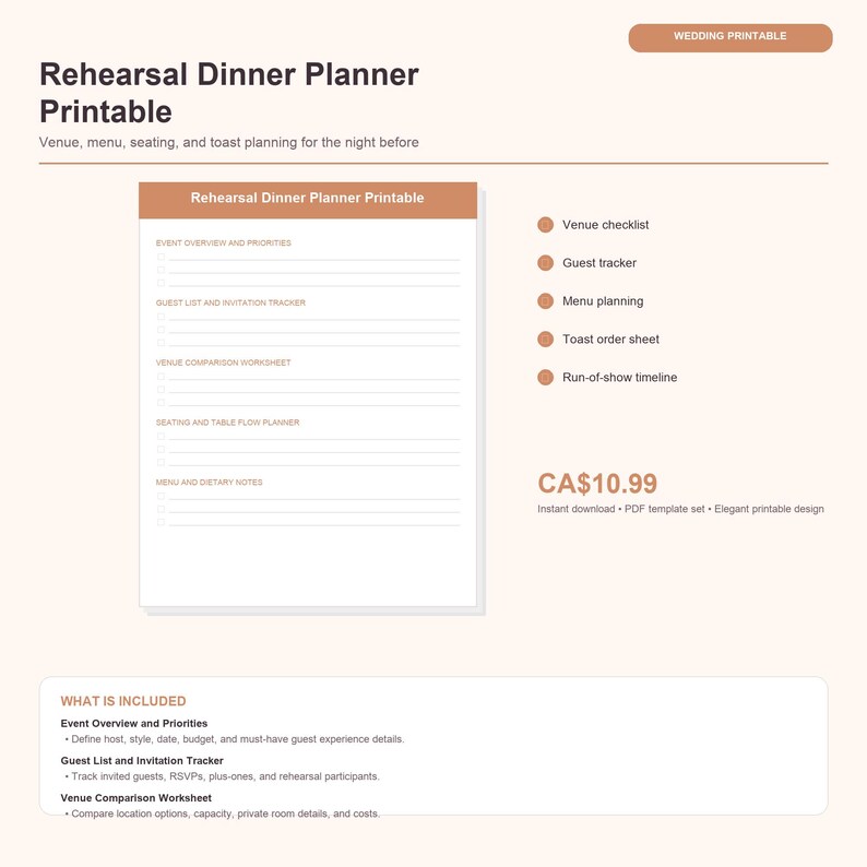 Rehearsal Dinner Planner Printable | Venue Checklist, Seating, Menu ...