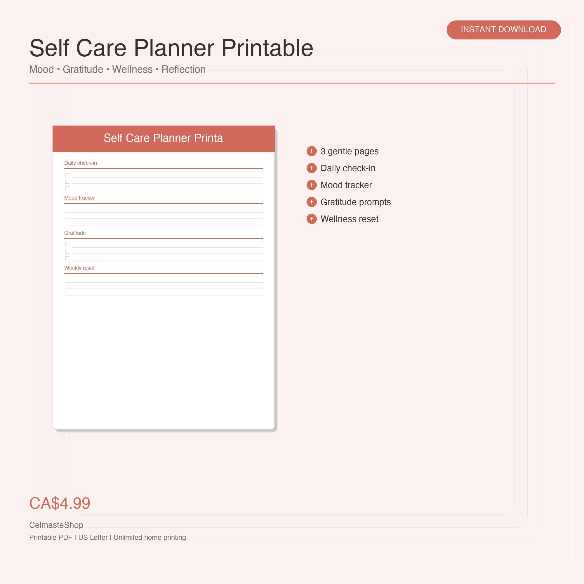 Self Care Planner Printable | Mood Tracker, Gratitude, Wellness Goals ...