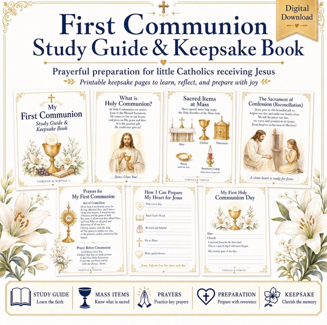 First Holy Communion Study Guide Keepsake Booklet, Catholic Eucharist ...