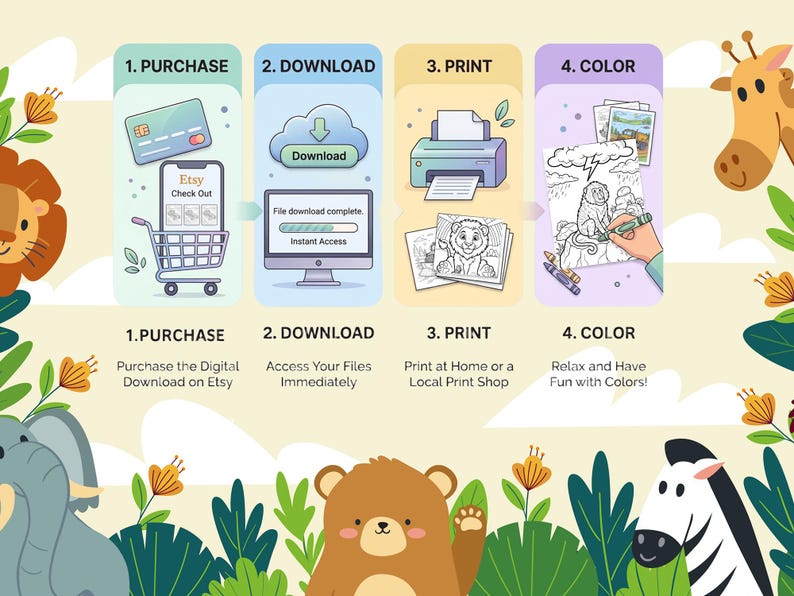 Safari Animals Colouring Book for Kids & Adults | 50 Printable Pages ...