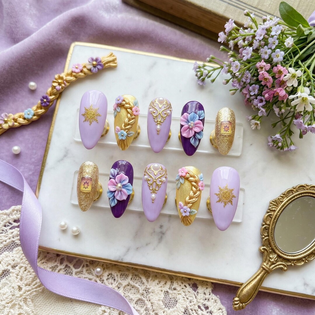 Rapunzel Inspired Press on Nails, Tangled Disney Princess Luxury Fake ...