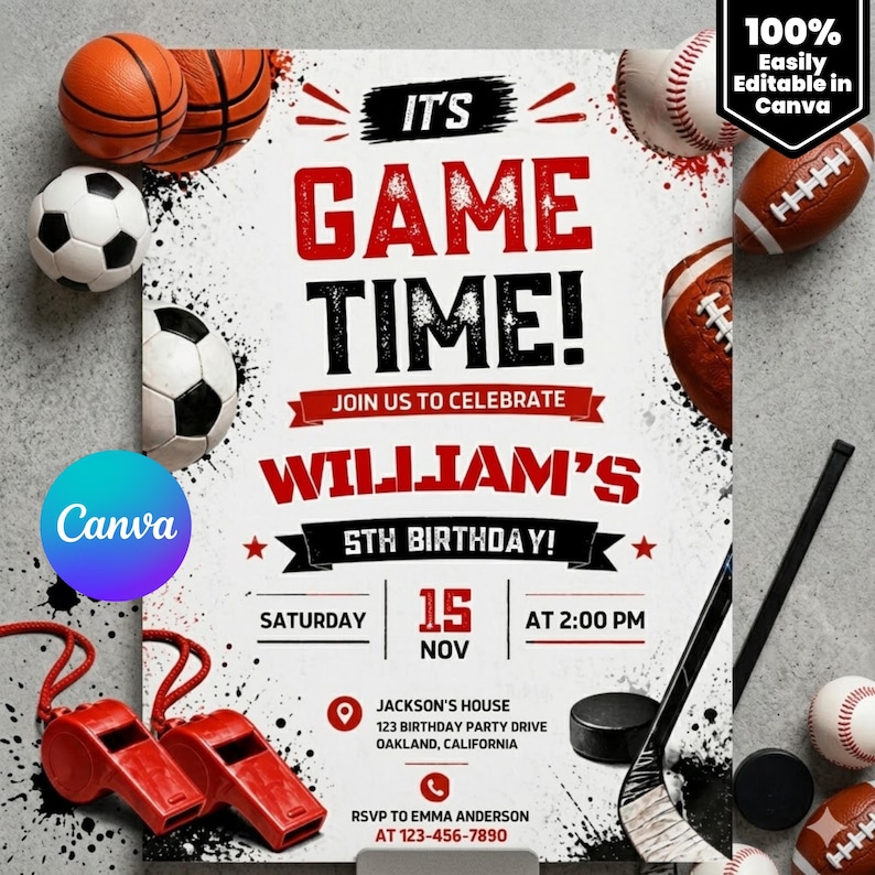 Editable Sports Invitation, Sport Theme Invite, Sports Party Birthday ...