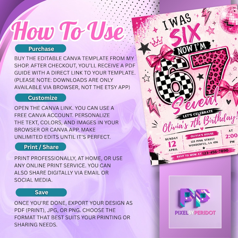 6 7 Birthday Invitation: Girl 7th Birthday Digital Invite INSTANT ...