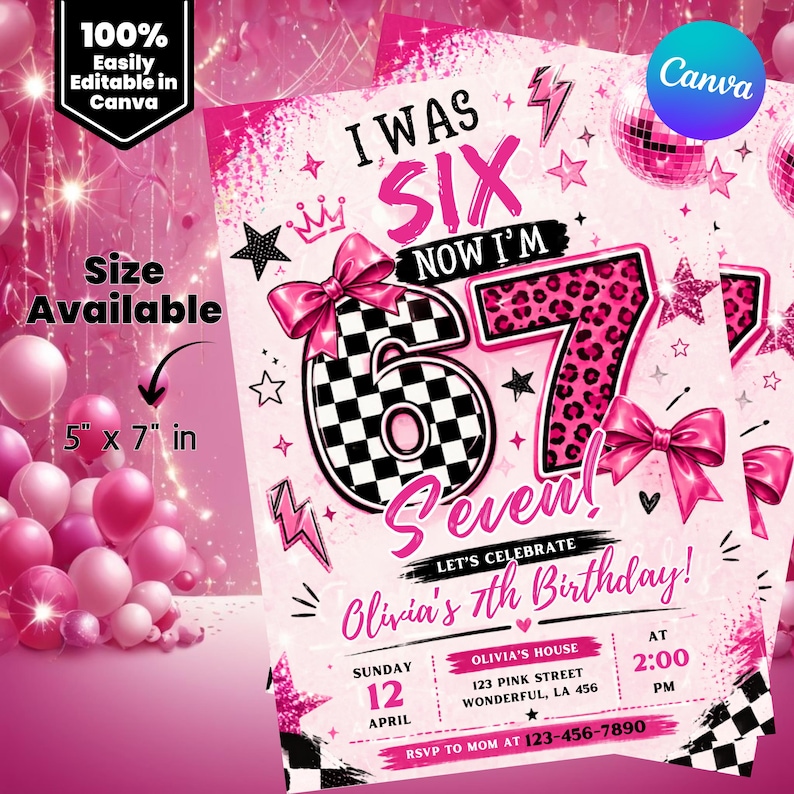 6 7 Birthday Invitation: Girl 7th Birthday Digital Invite INSTANT ...
