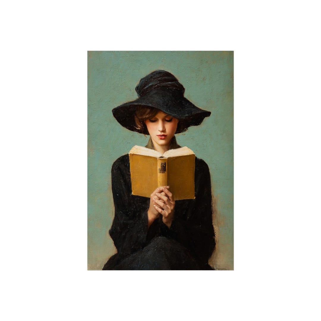 Vintage Woman Reading Book Poster, Victorian Sage Green Moody Decor ...