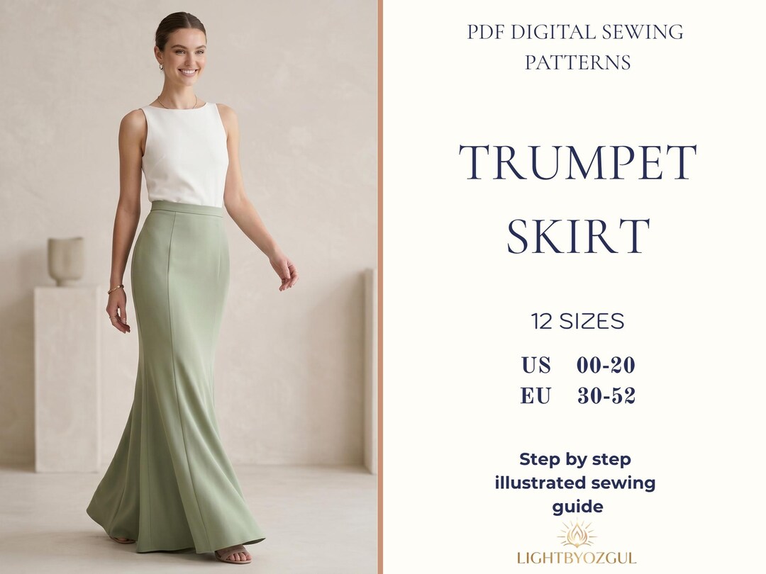Trumpet Skirt Sewing Pattern PDF, High Waist Mermaid Skirt Pattern ...