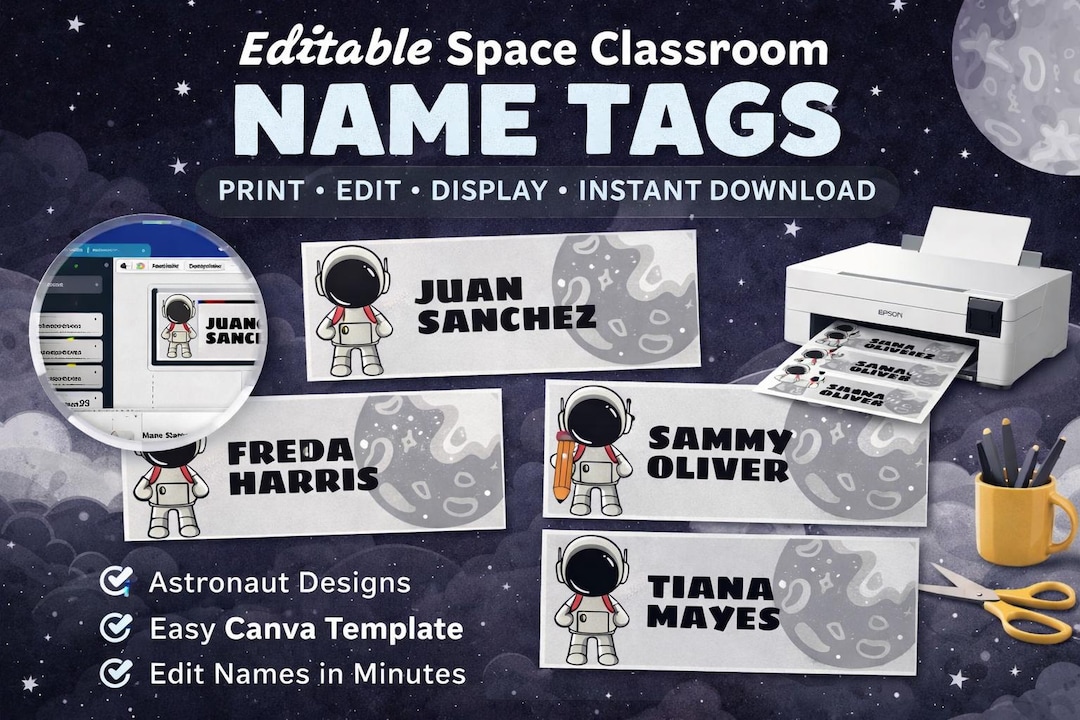 Editable Space Classroom Name Tags | Astronaut Desk Plates (canva ...