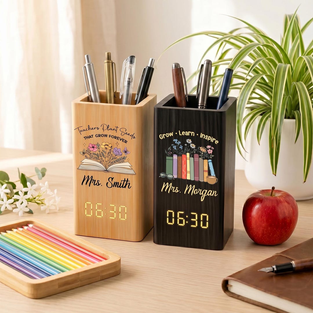 Personalized Teacher Pen Holder Clock, Custom Wood Desk Organizer ...
