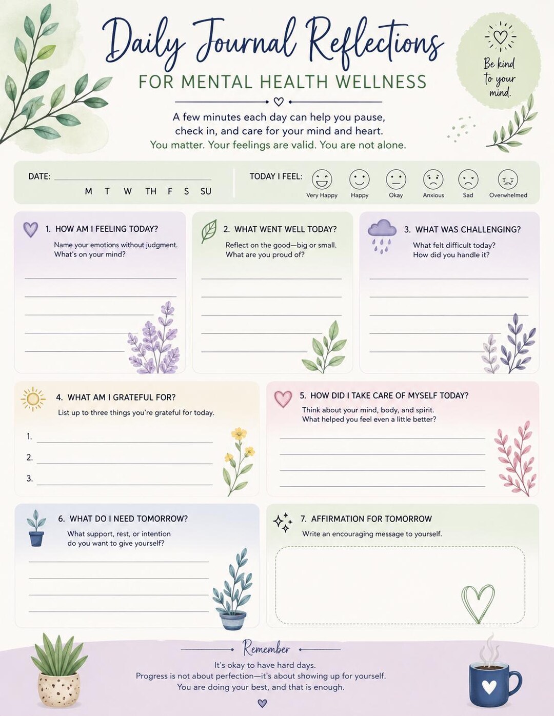 Daily Mental Health Journal Reflections | Self-care Mindfulness ...