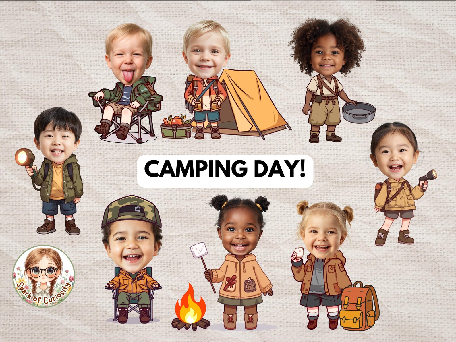 Camping Kids Add Face Custom Camping Clipart Template Outdoor Party Add ...