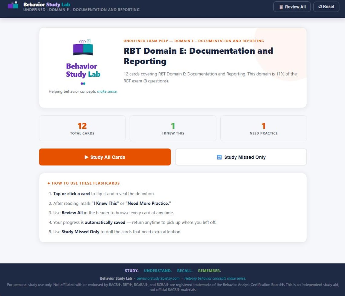 RBT Documentation & Reporting Interactive Flashcards | Task List E ...