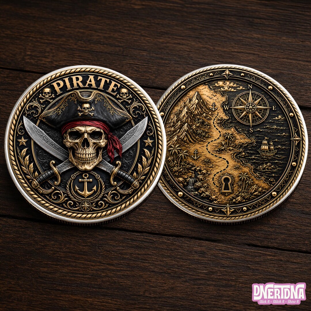 Pirate Skull Challenge Coin, Treasure Map Collectible Metal Coin ...