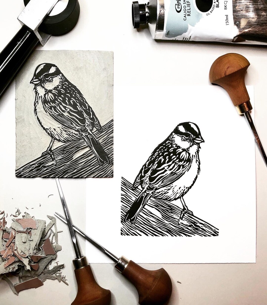 White Crowned Sparrow, Linocut Relief Print, Inktober 2021, Native ...