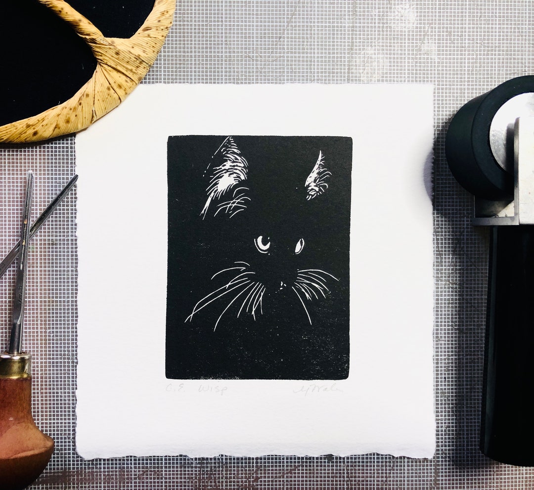 WISP Inktober Linocut Mini, Black Cat 3x4 Inch Mini Linocut Relief ...