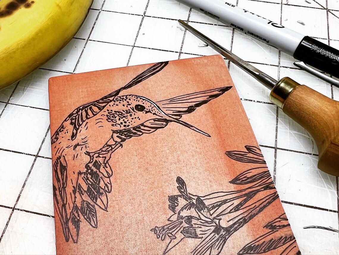 FEMALE RUFOUS Hummingbird, Linocut Relief Print, Inktober 2021, Native ...