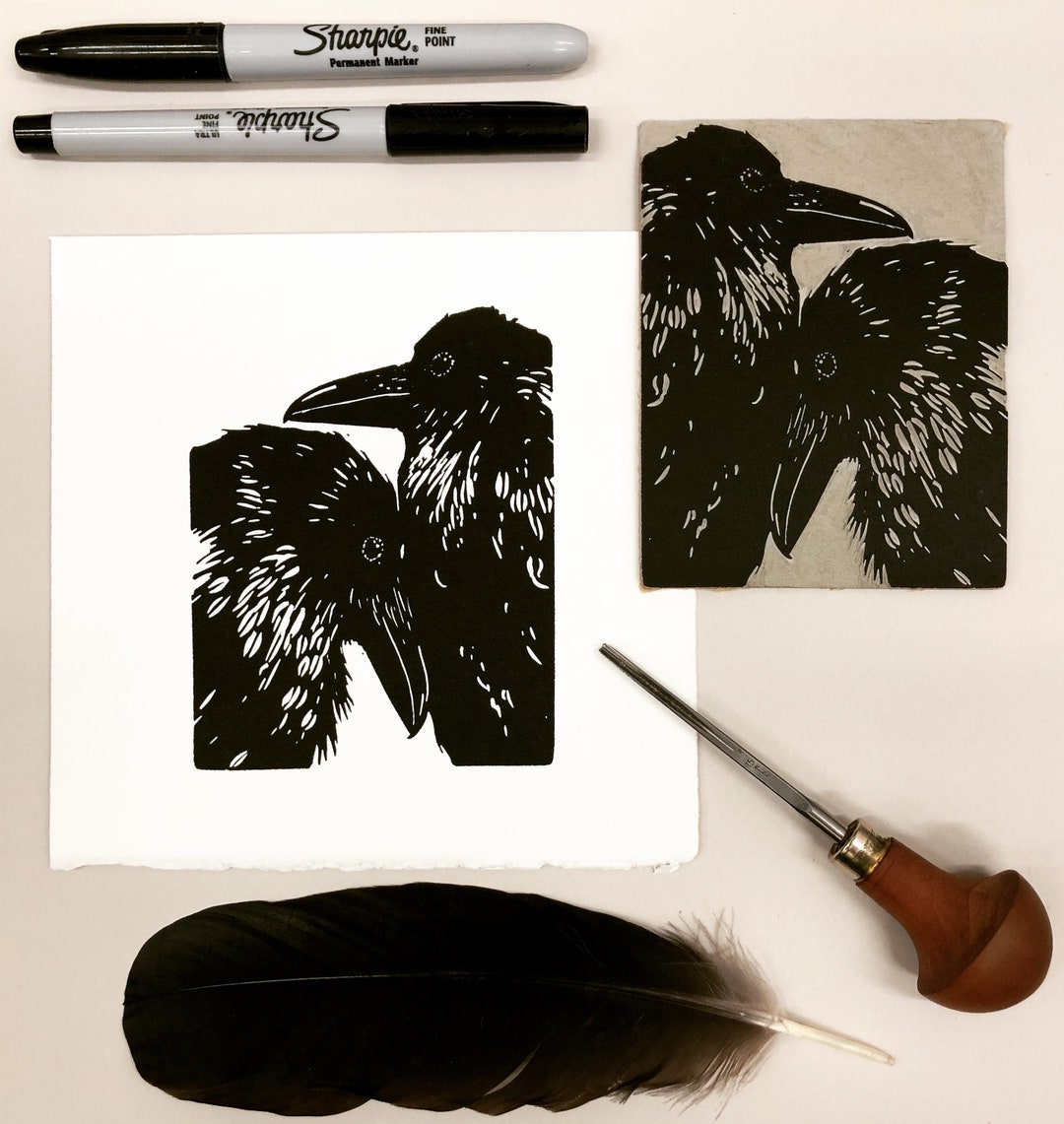 RAVENS, TWO Linocut Relief Print, Inktober 2021, Native Birds of ...
