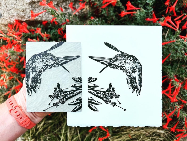FEMALE RUFOUS Hummingbird, Linocut Relief Print, Inktober 2021, Native ...