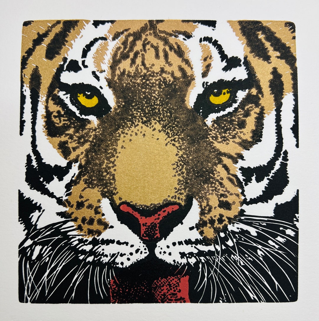 Golden TIGER, Original Fine Art Linocut Relief Print Hand-carved ...