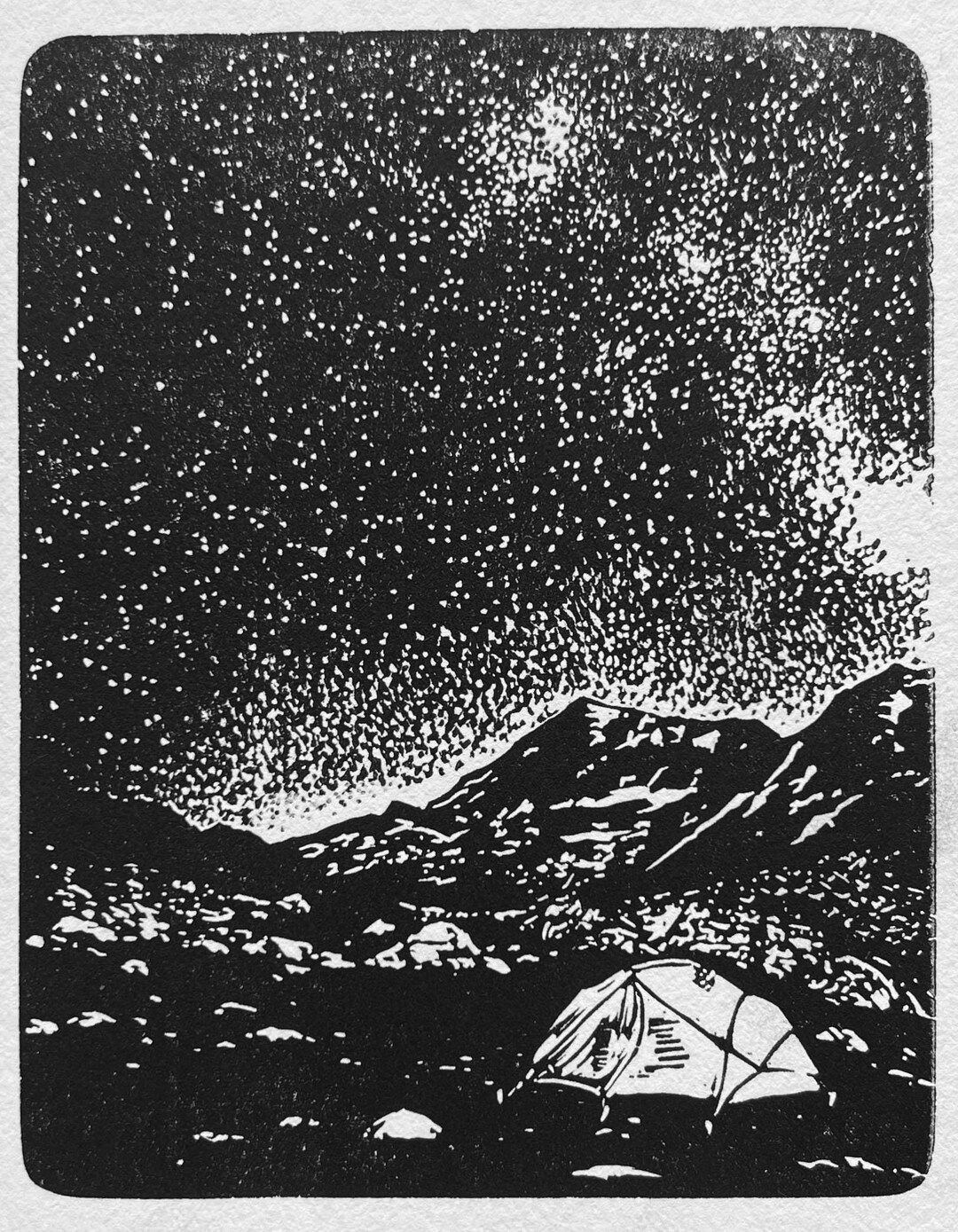 CAMP, Alpine Camping Under a Starry Sky, Linocut Relief Print, Inktober ...