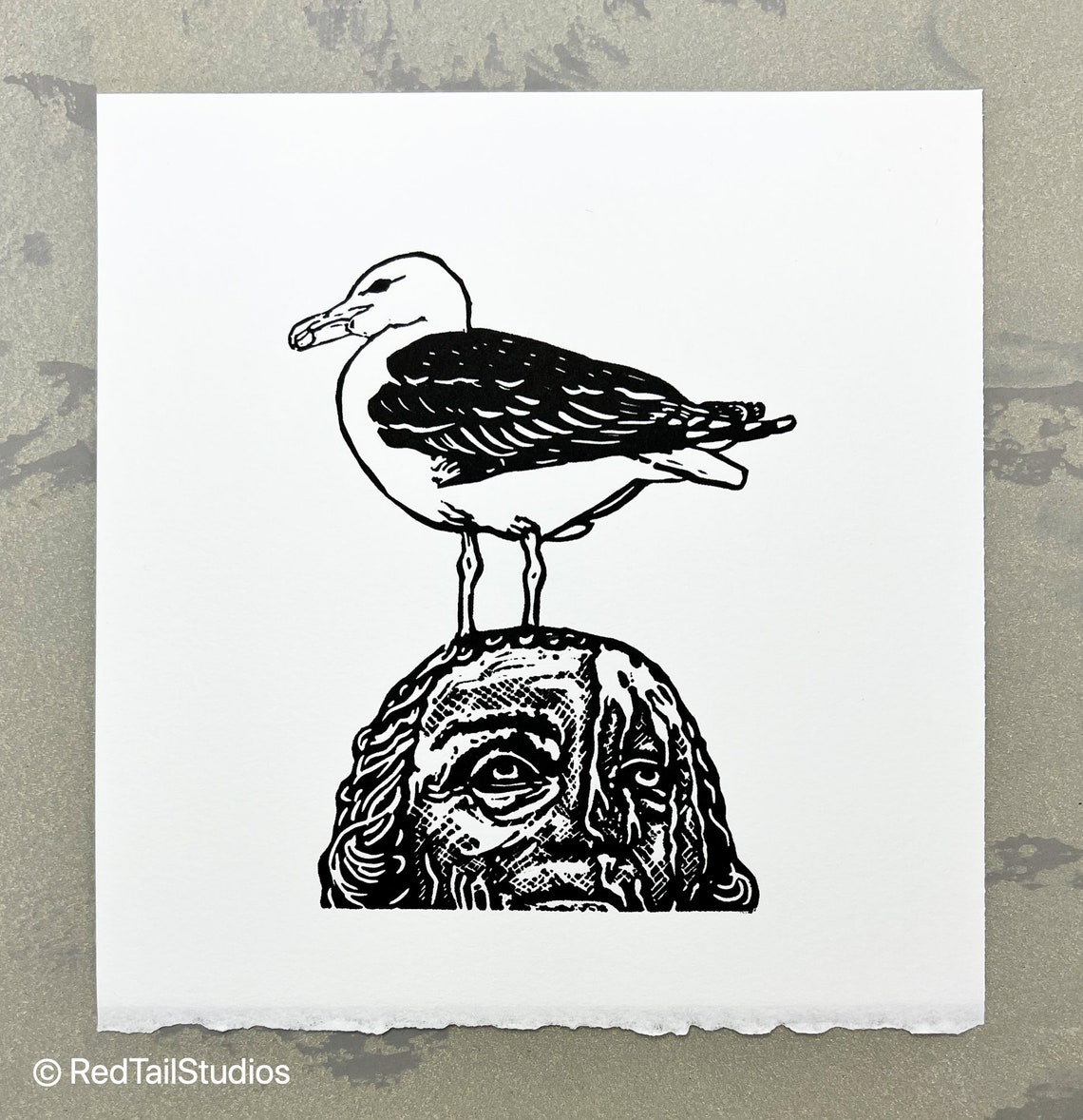 SEAGULL POOP on a Statue's Head, Linocut Relief Print, Inktober 2021 ...