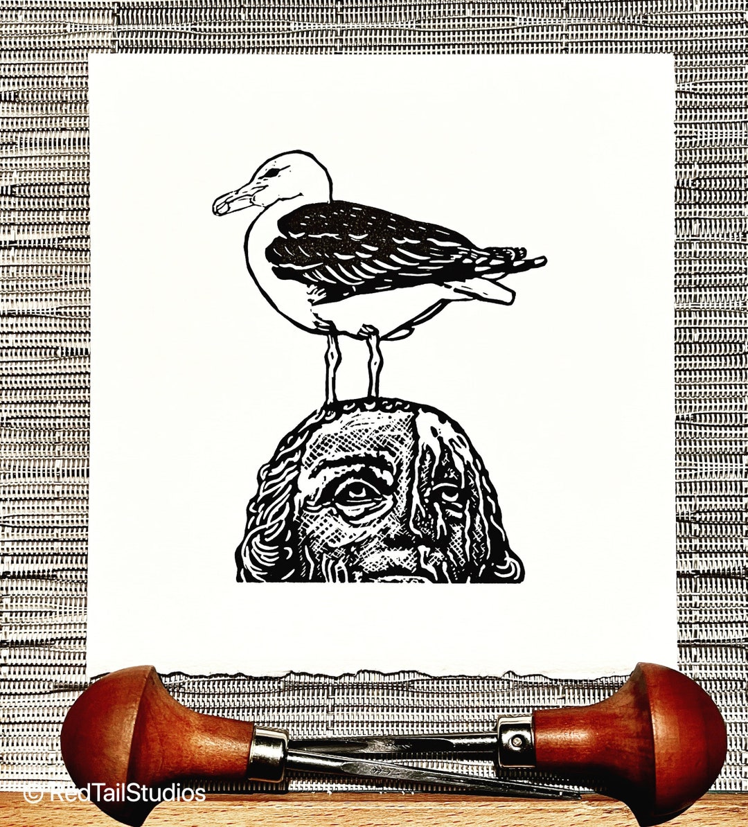 SEAGULL POOP on a Statue's Head, Linocut Relief Print, Inktober 2021 ...