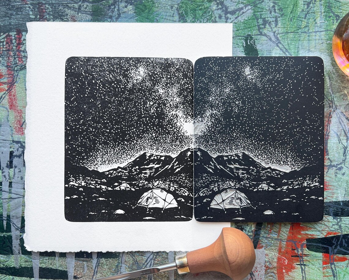 CAMP, Alpine Camping Under a Starry Sky, Linocut Relief Print, Inktober ...