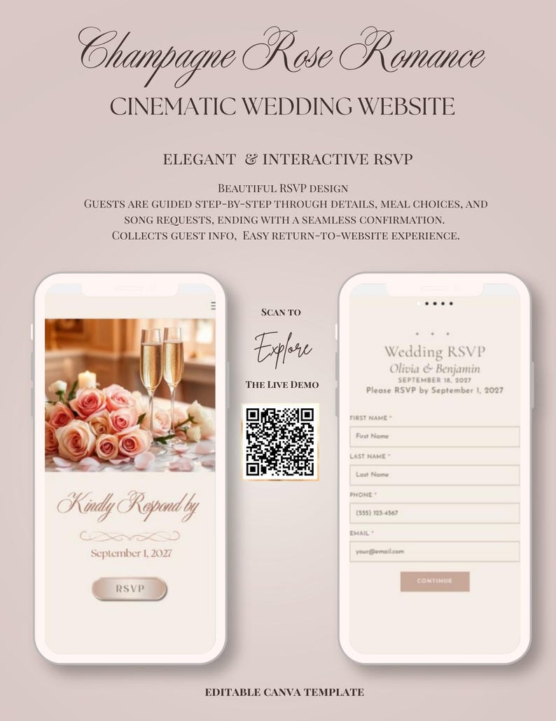 Wedding Website Template, Cinematic Canva Invitation Digital, Champagne ...
