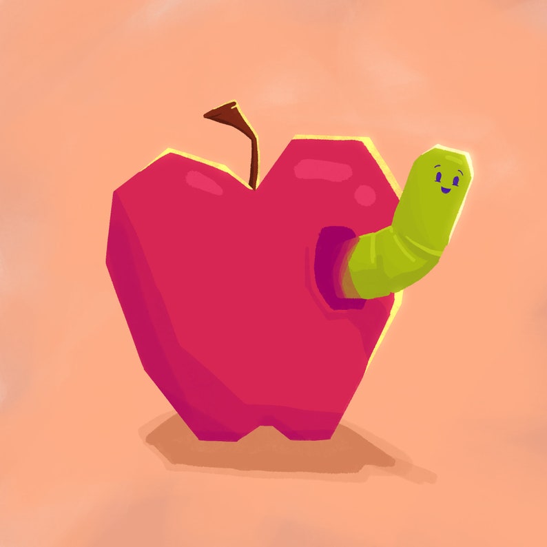 Cute Worm in an Apple Stylized Illustration 8x8 or 5x7 Art Print ...