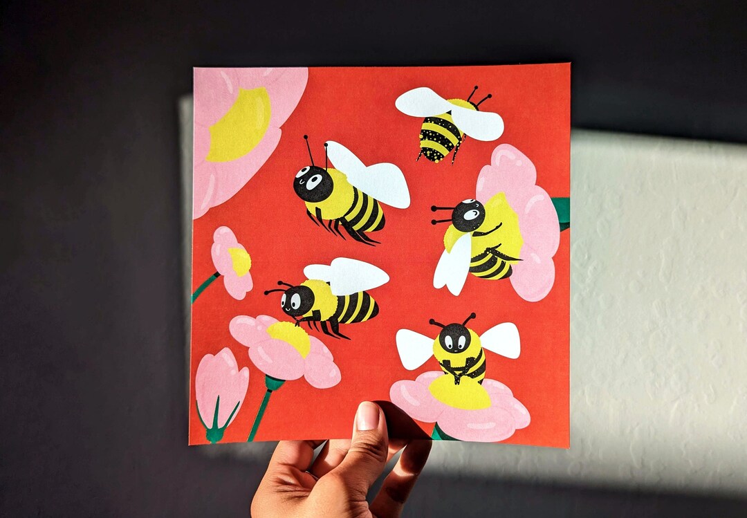 Cute Bumblebee Illustration | 8x8 Art Print | Buzzy Day | Pink Flowers ...