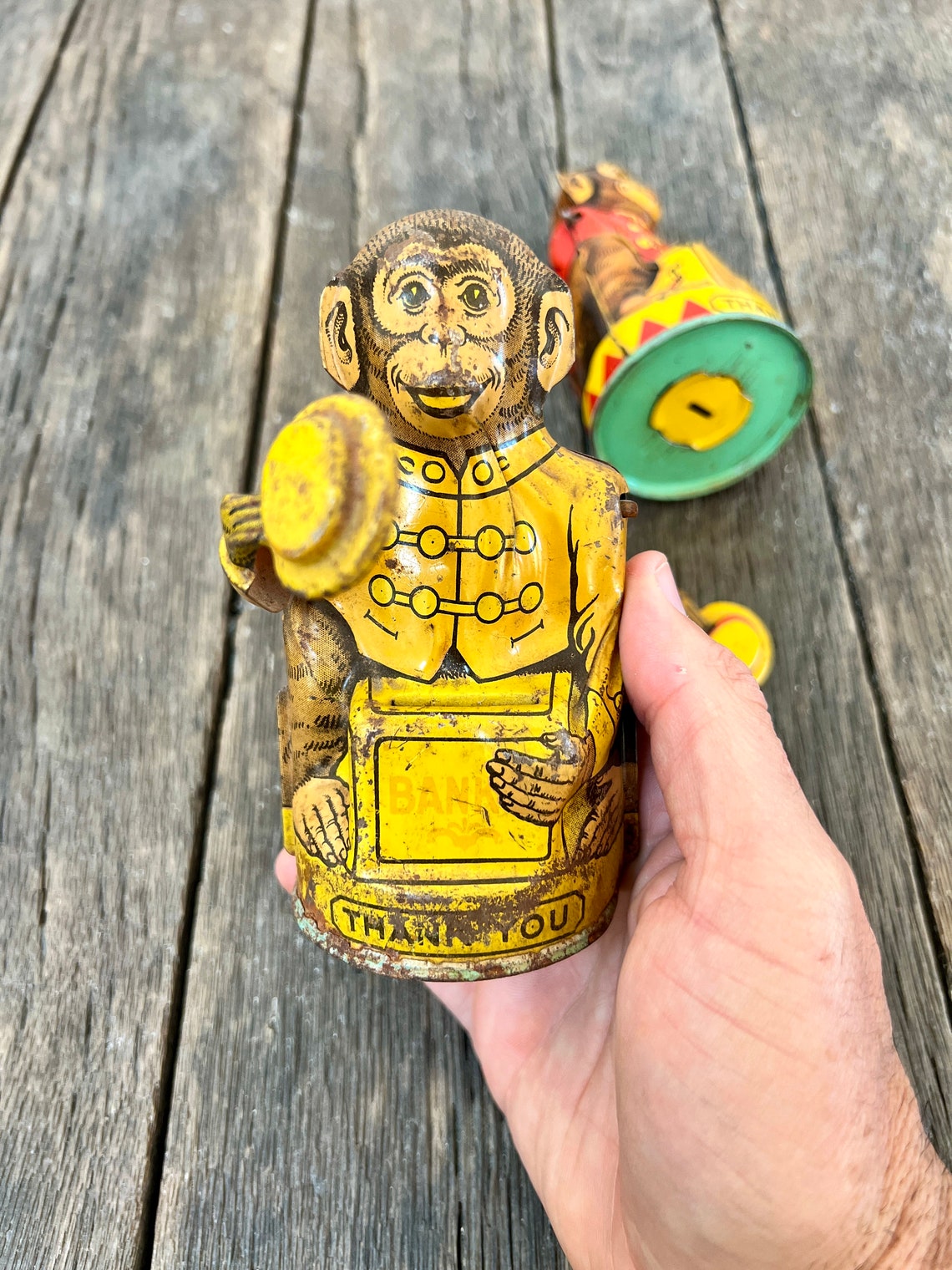 2 Vintage Tin Litho Monkey Banks - J Chein Tin Monkey Banks Hat Tipping ...