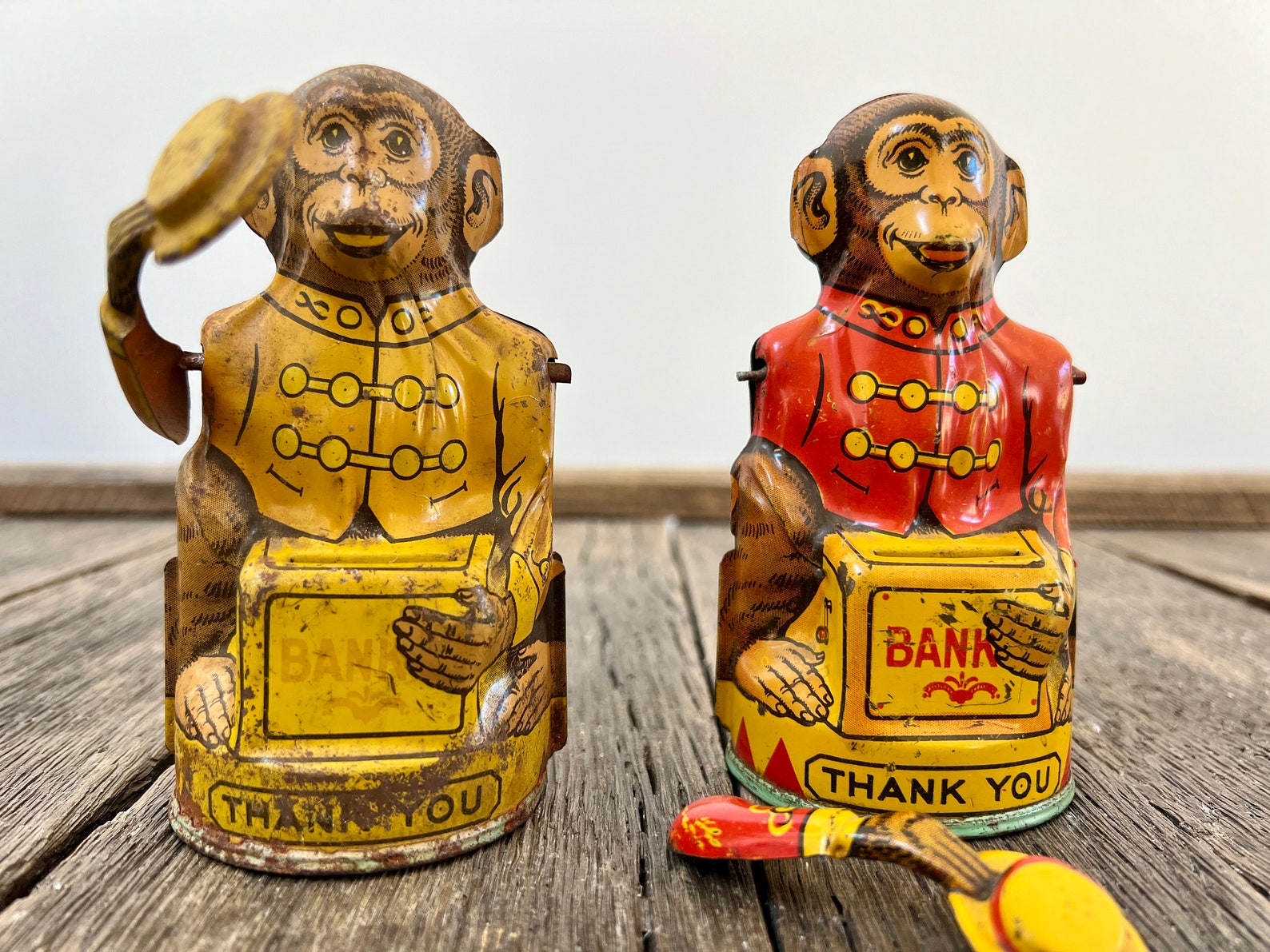 2 Vintage Tin Litho Monkey Banks - J Chein Tin Monkey Banks Hat Tipping ...
