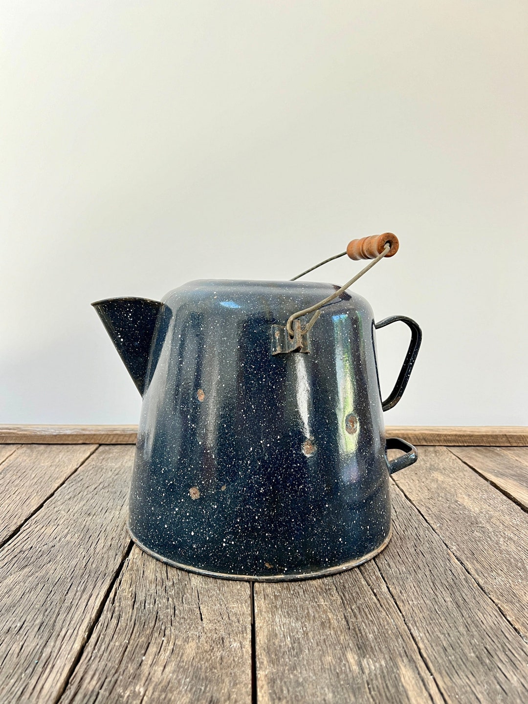 Vintage Large Enamelware Coffee Pot - Blue Federal Graniteware Coffee ...