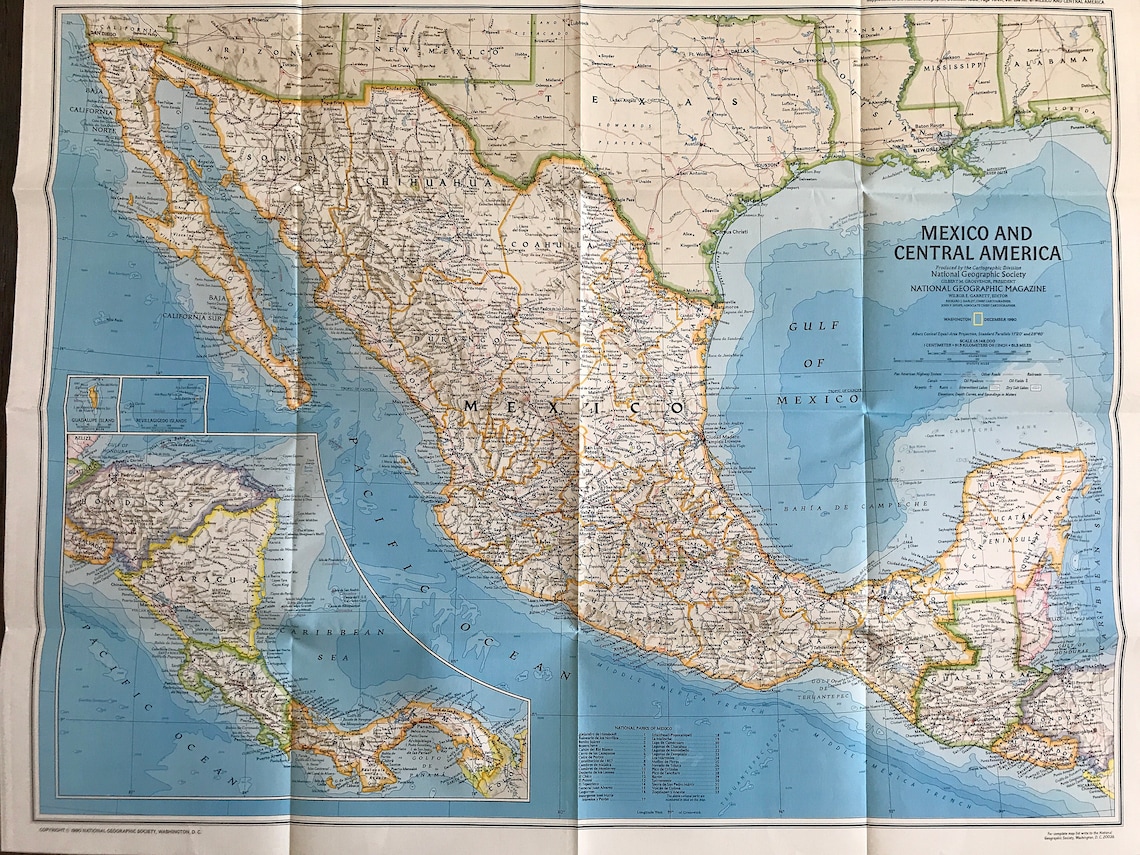 Vintage Map Of Mexico And Central America 1980 National | Etsy