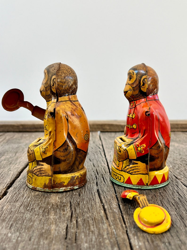 2 Vintage Tin Litho Monkey Banks - J Chein Tin Monkey Banks Hat Tipping ...