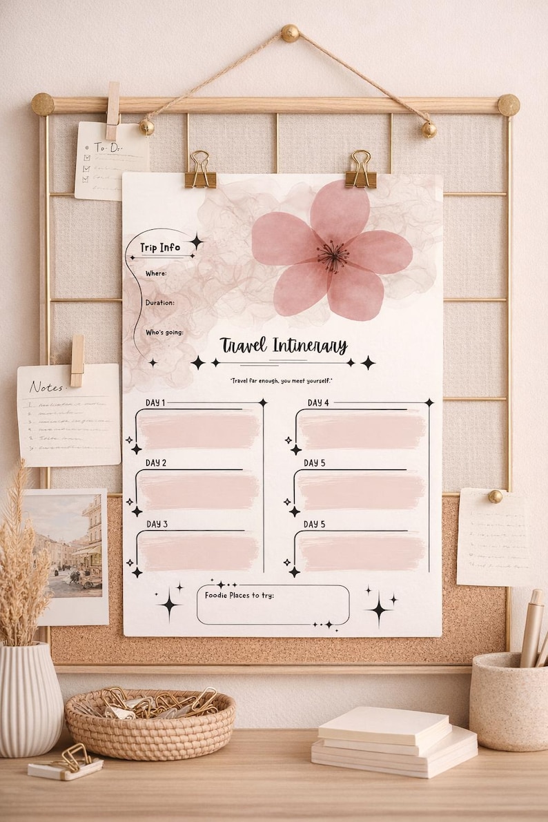 Editable Travel Itinerary Template, Minimalist Floral Trip Planner ...