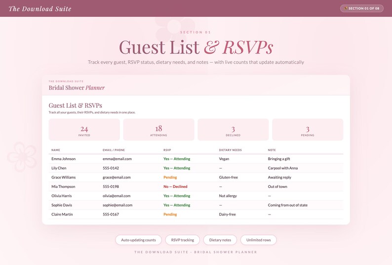 Bridal Shower Planner HTML Template | Guest List, Budget, Timeline ...