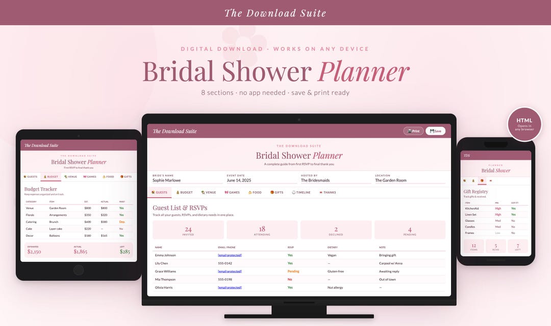 Bridal Shower Planner HTML Template | Guest List, Budget, Timeline ...