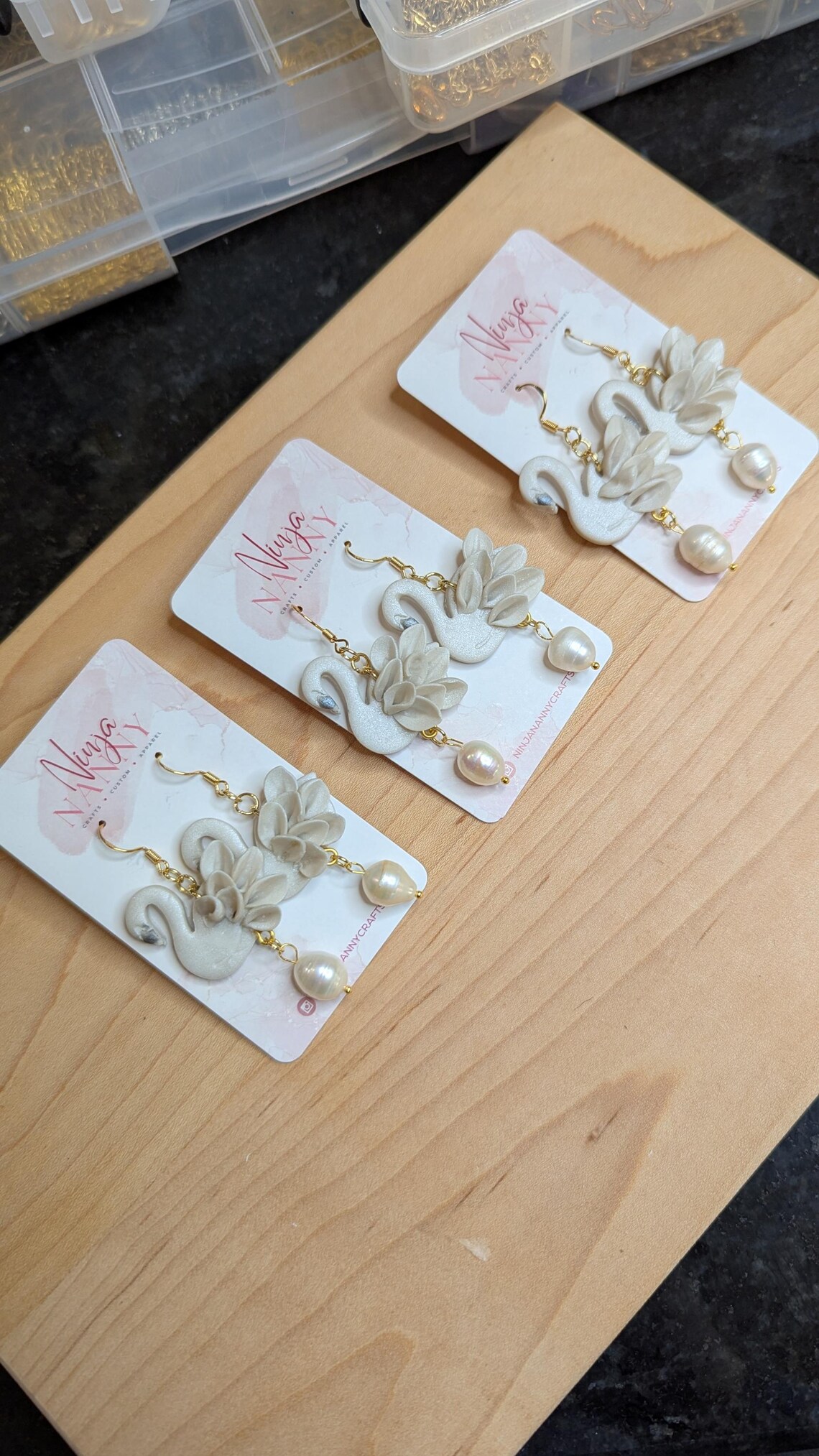 White, Pearl, Swan, South, Charm, Handmade, Polymer Clay, Earrings ...