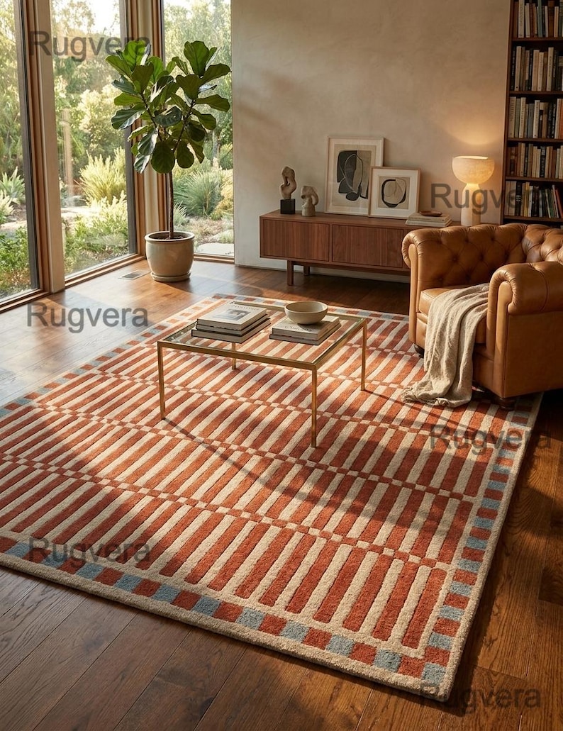 Hand-tufted Wool Rug | Terracotta Cream Stripe Geometric Area Carpet - Etsy
