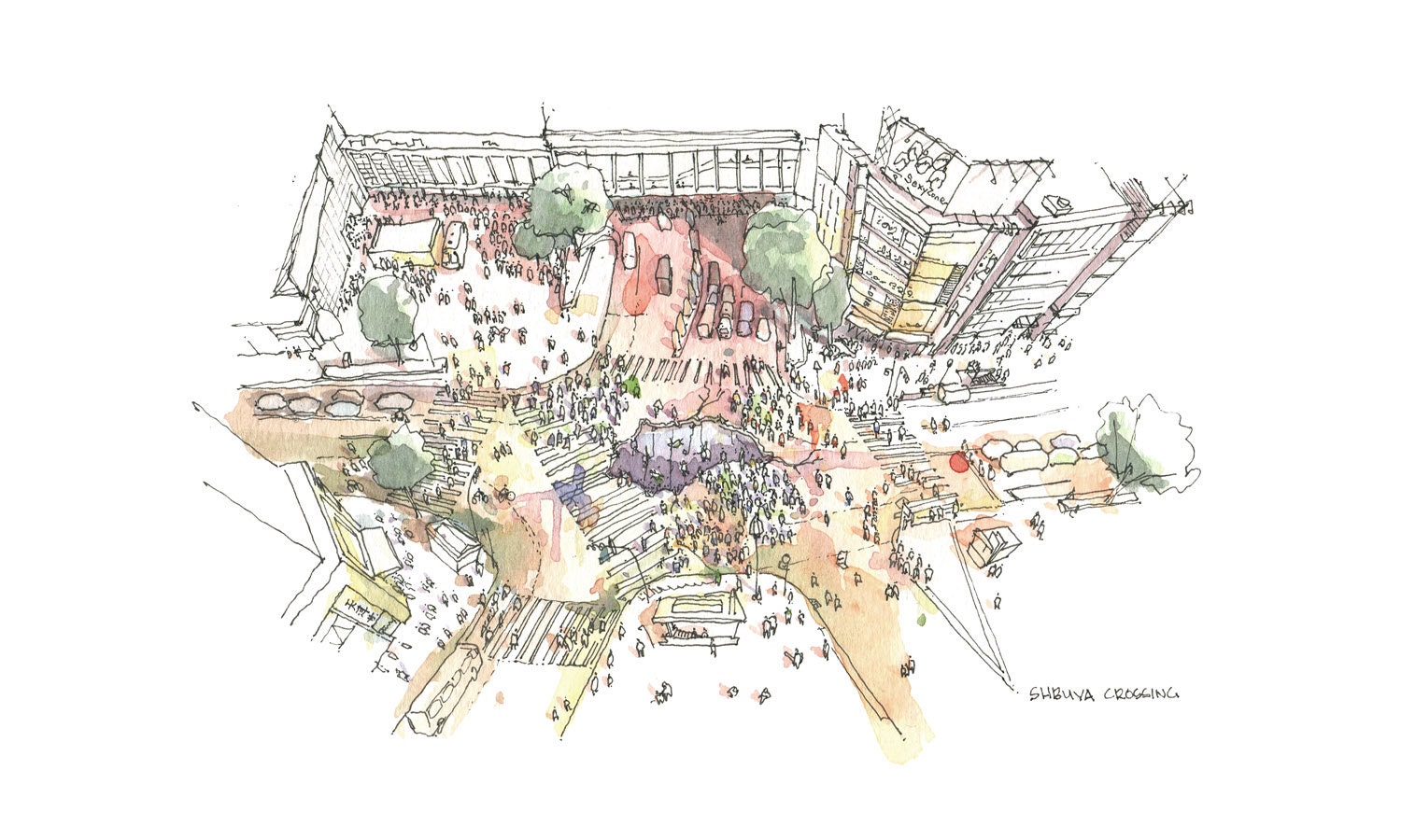 Shibuya Crossing- Architectural Sketch in Watercolor and Ink - 8.5"x5.5 ...