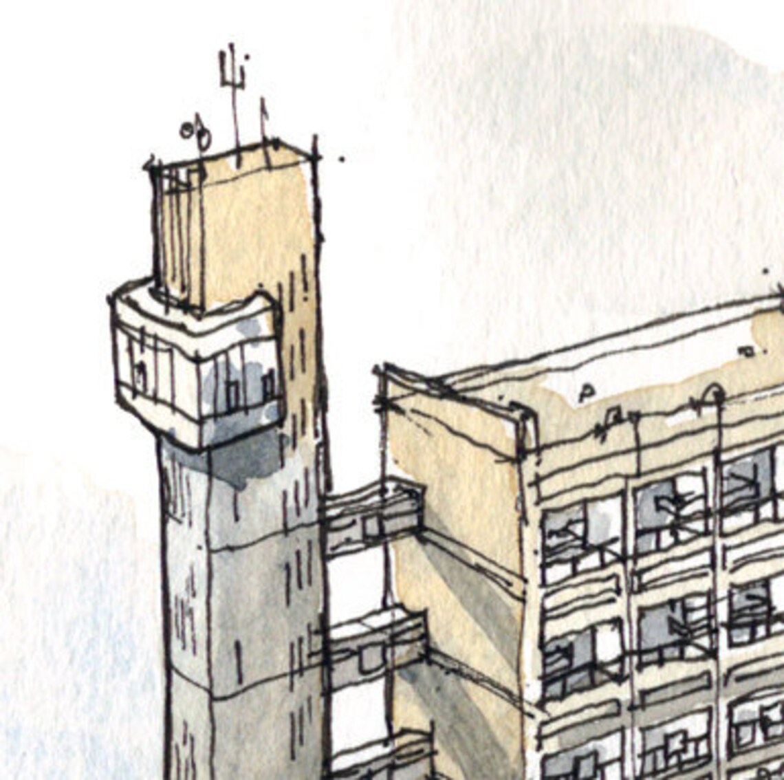 Trellick Tower Architectural Sketch in Watercolor and Ink 14x5 Print - Etsy
