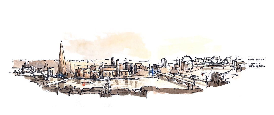 River Thames, Architectural Sketch in Watercolor and Ink - 14x5 Print ...
