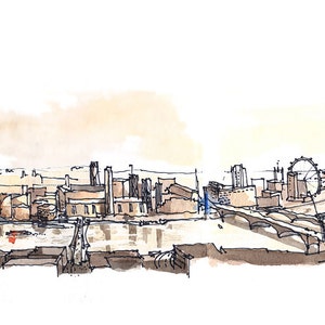 River Thames, Architectural Sketch in Watercolor and Ink - 14x5 Print ...